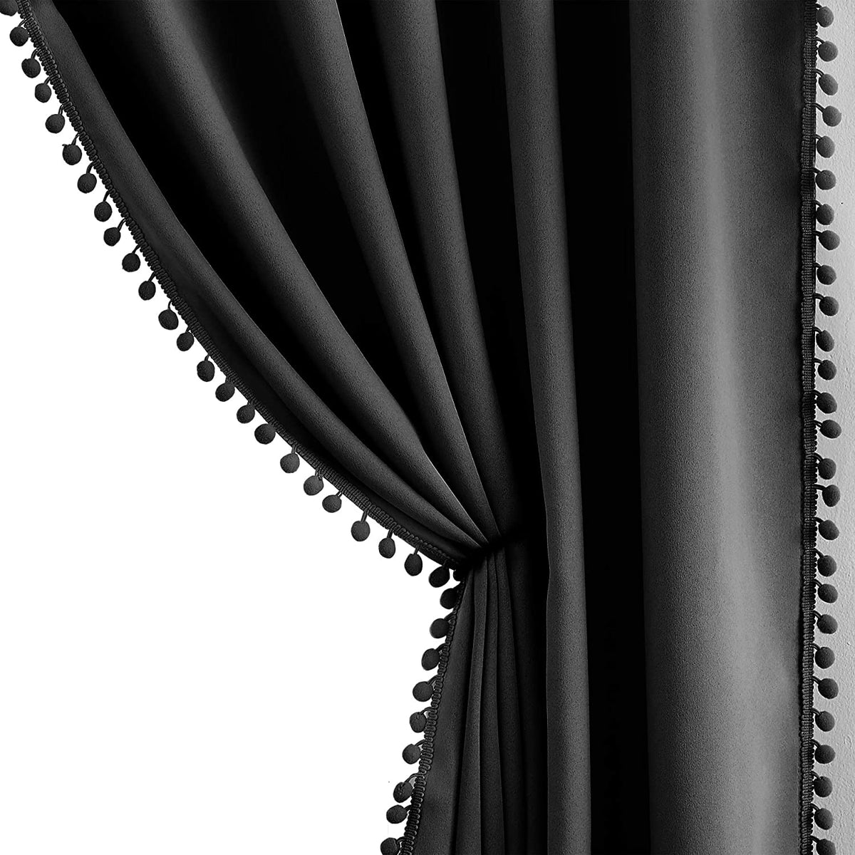 Black pom pom curtains store