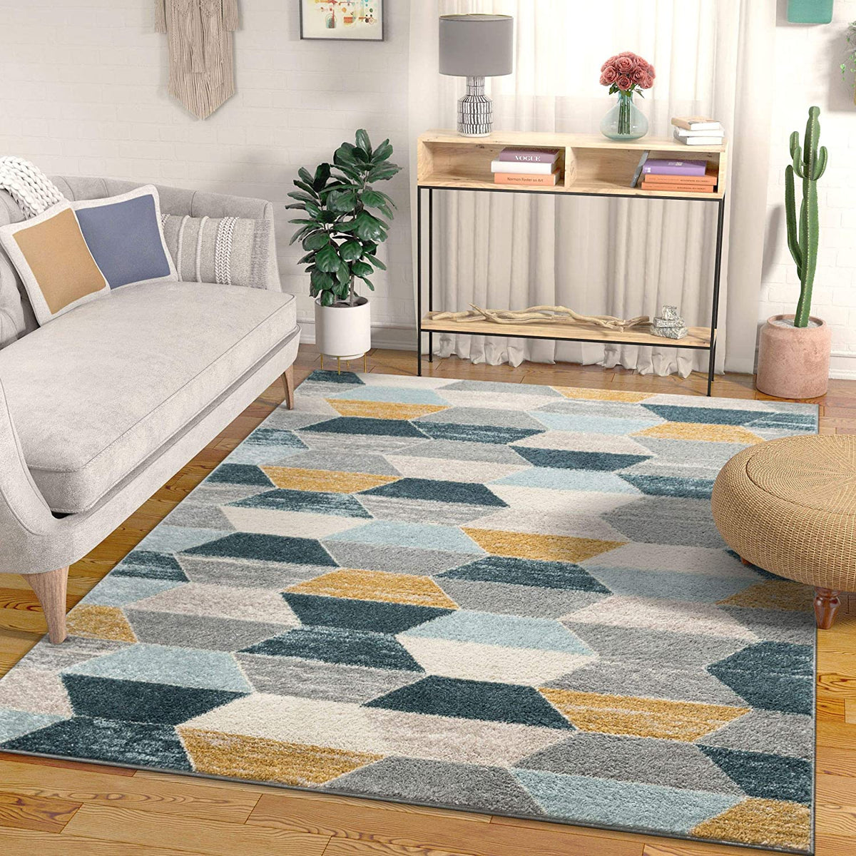 blue hexagon pattern rug