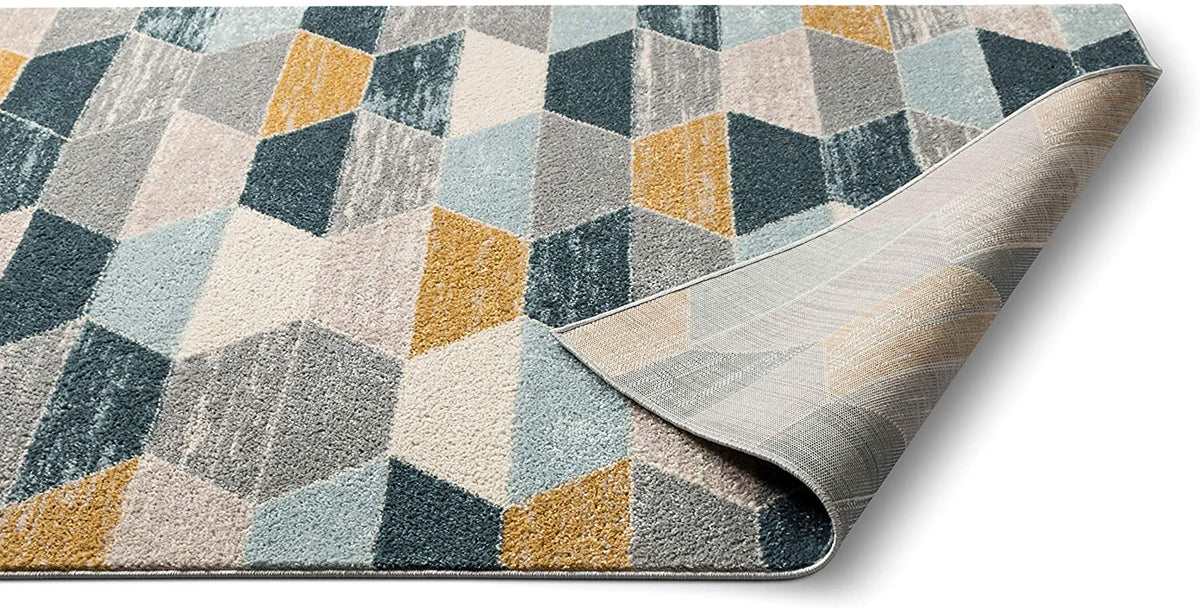 Honeycomb Hexagon Geometric Blue, Mustard Gold, Grey Area Rug – Ashley ...