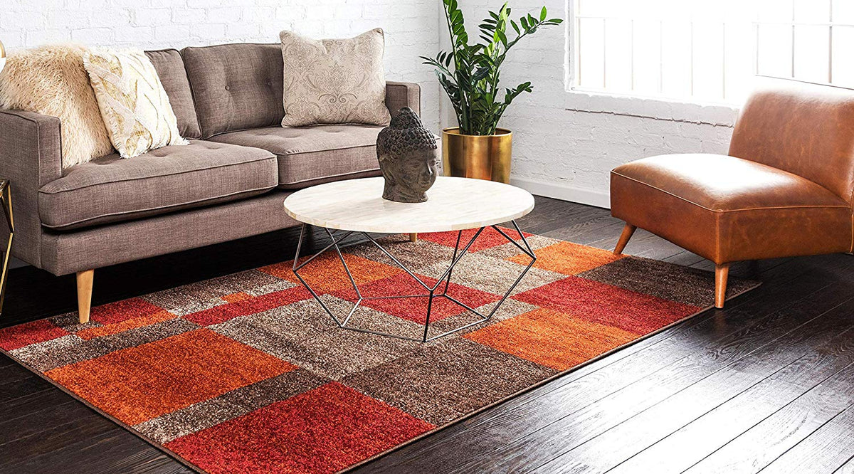 Warm Toned Checkered Multi-color Brown Orange Area Rugs – Ashley Area Rugs