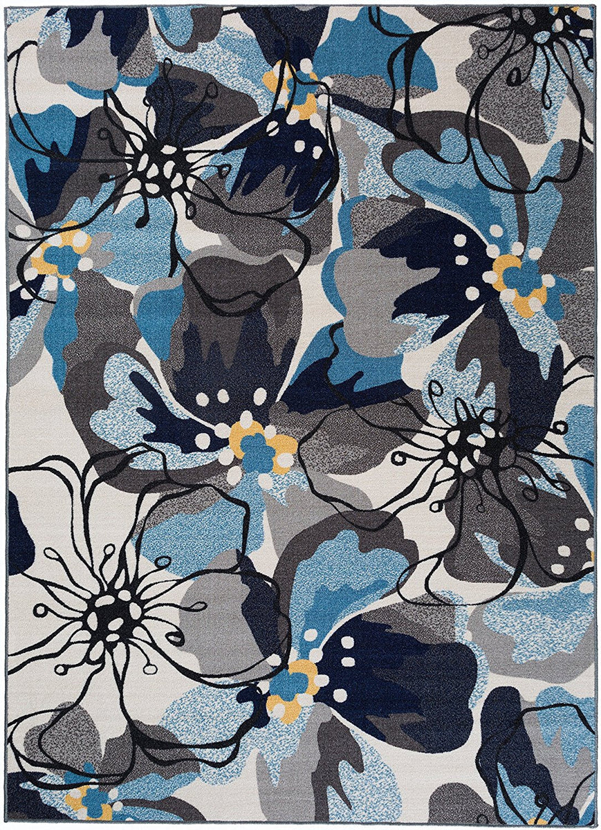 Blue Gray Ivory Floral Area Rug Non Slip/ No Skid - Low Pile – Ashley ...