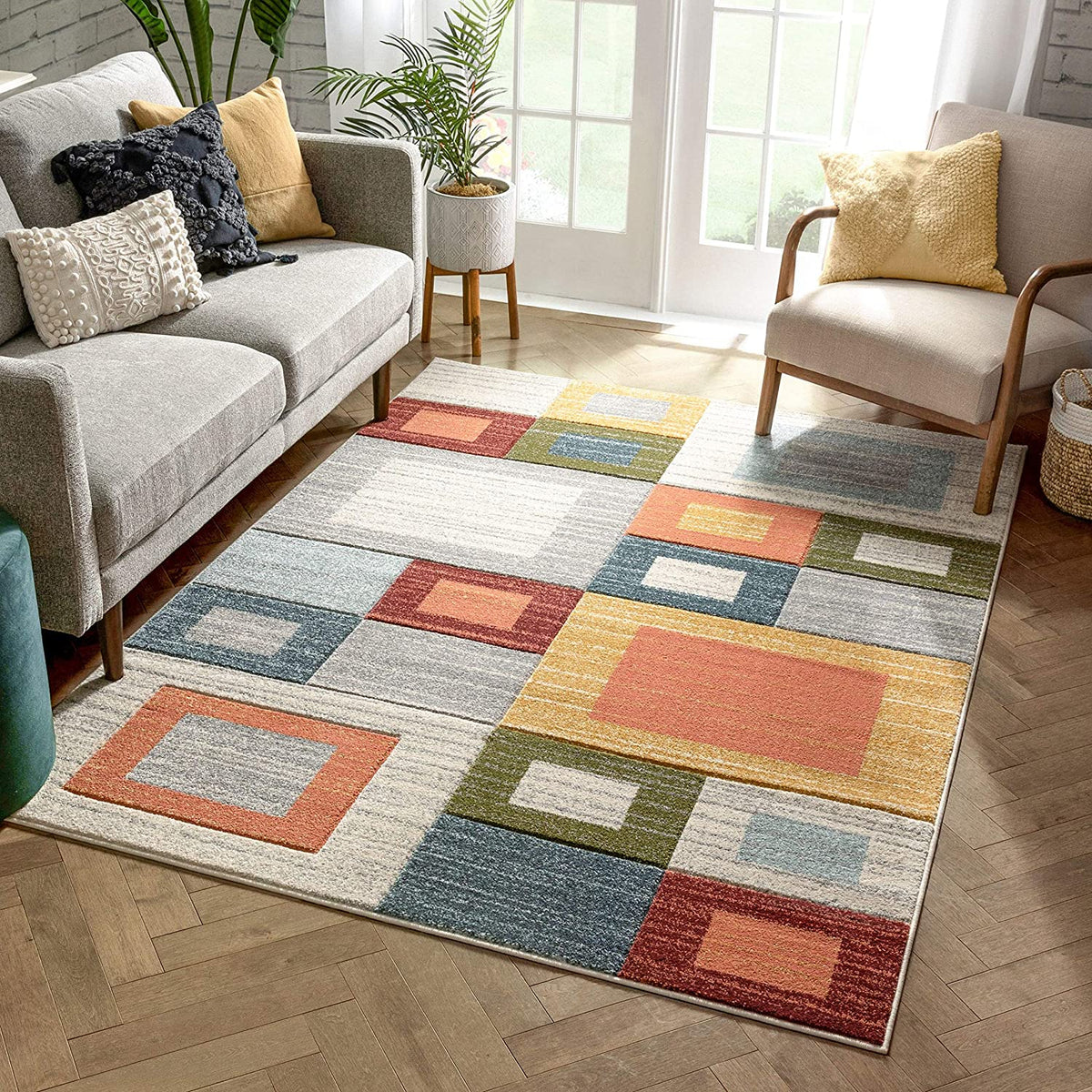 Multi Modern Geometric Boxes Pattern Area Rug – Ashley Area Rugs