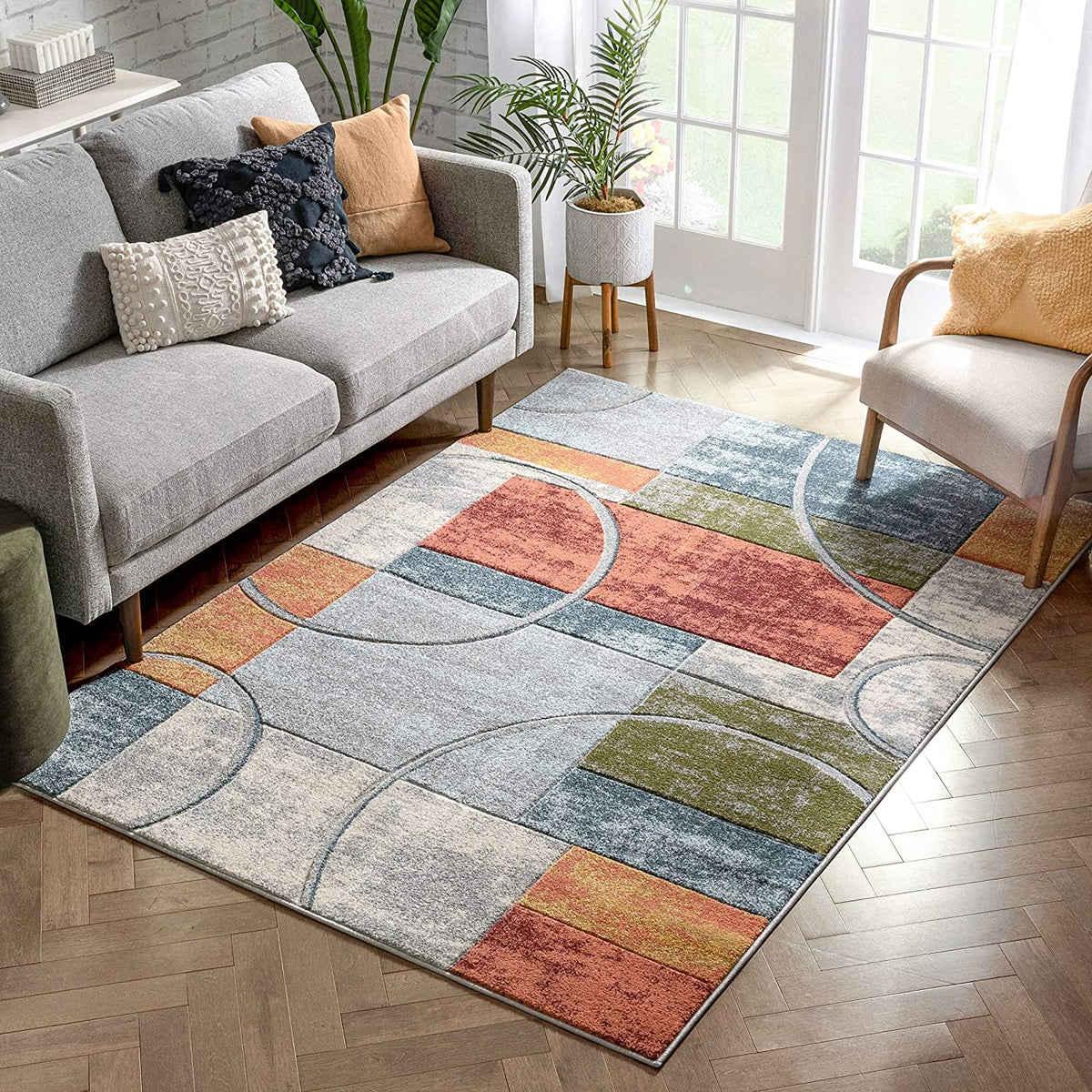 Multi Modern Geometric Boxes Circles Pattern Area Rug – Ashley Area Rugs